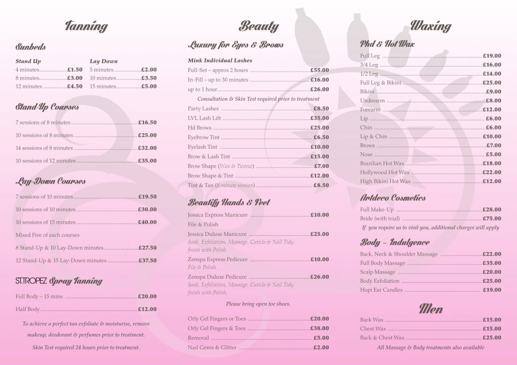 Treatments Price List | Solar Tan & Beauty